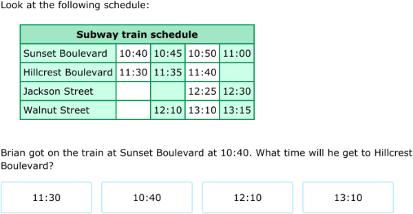 IXL - Transportation schedules - 24-hour time (Class IV maths practice)
