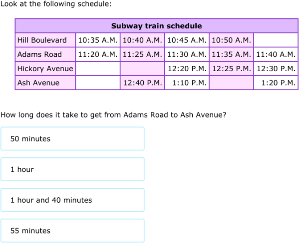 IXL - Transportation schedules - 12-hour time (Class IV maths practice)